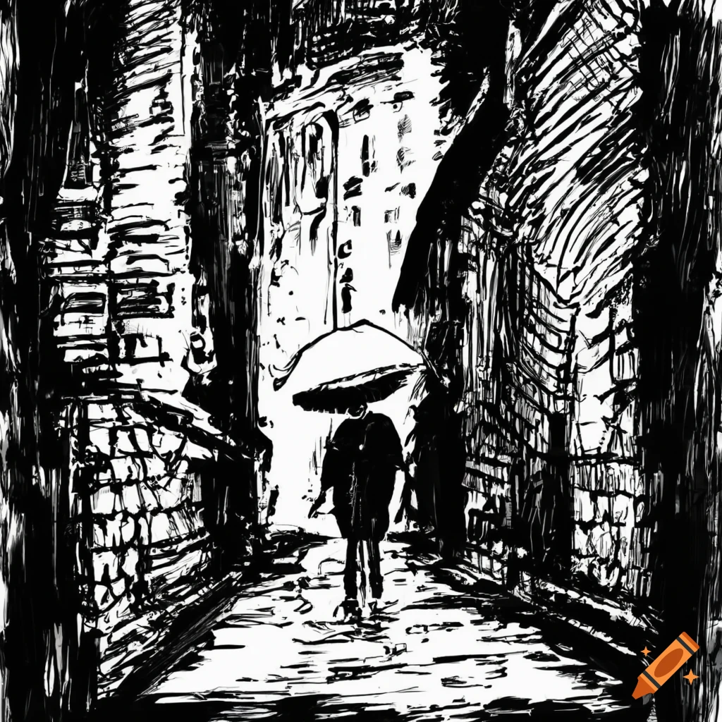 Man walking on rainy street in comics style