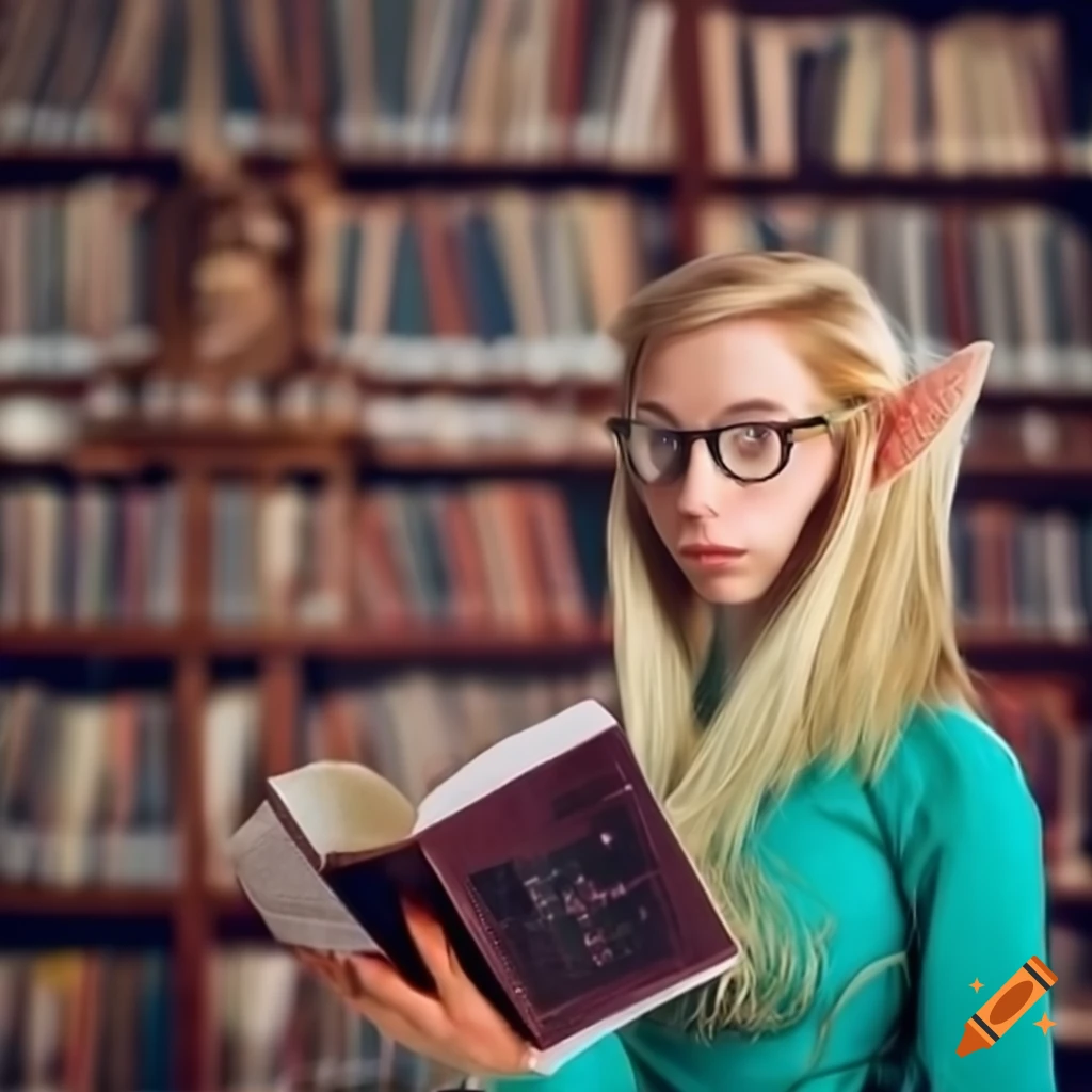 Nerd blonde elf woman in a library on Craiyon