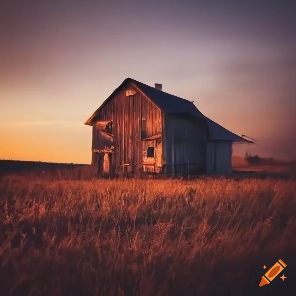Farmhouse at sunset, rural landscape, eerie atmosphere