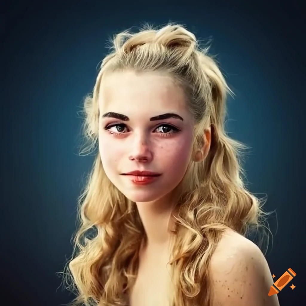 Pretty young woman delicate freckles shy smile wavy blonde hair ...