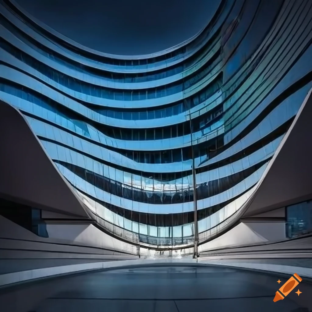 Sleek building with dramatic curves and sharp edges on Craiyon