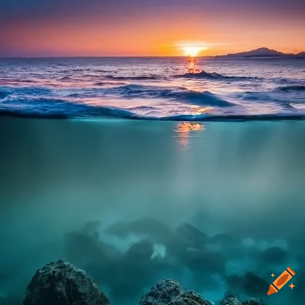 Half under sea, half sunset, by greg rutkowski