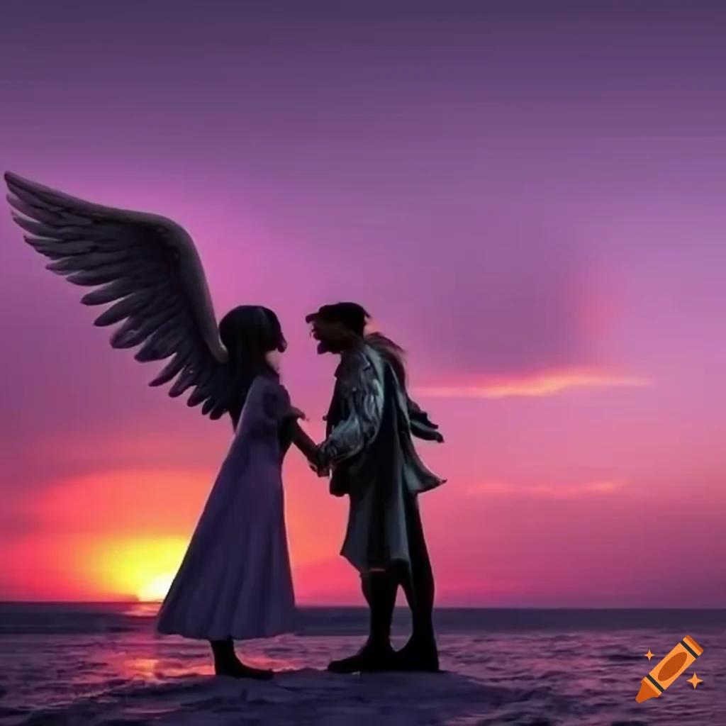 A pirate kissing an angel with purple sunset behind them on Craiyon