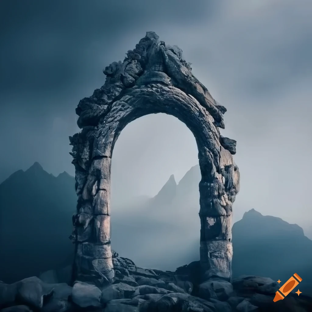 Ancient door frame made out of stone in a mountain range, surrounded by misty clouds and tall ...