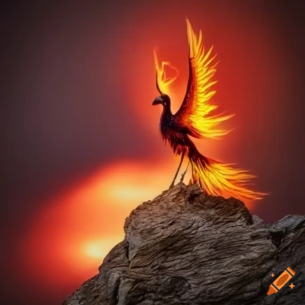 A firey phoenix sitting on a mountain on Craiyon