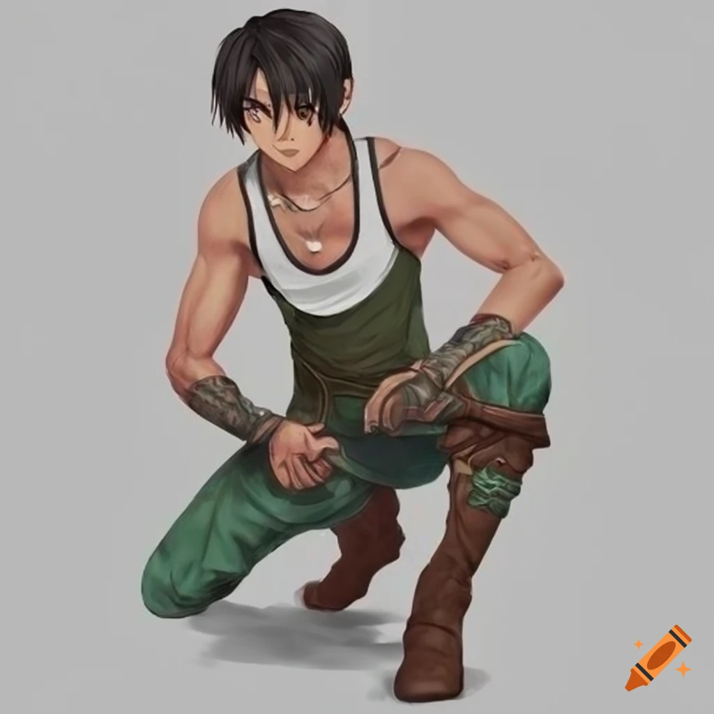 Crouching elf male bandit wearing a tank top on Craiyon