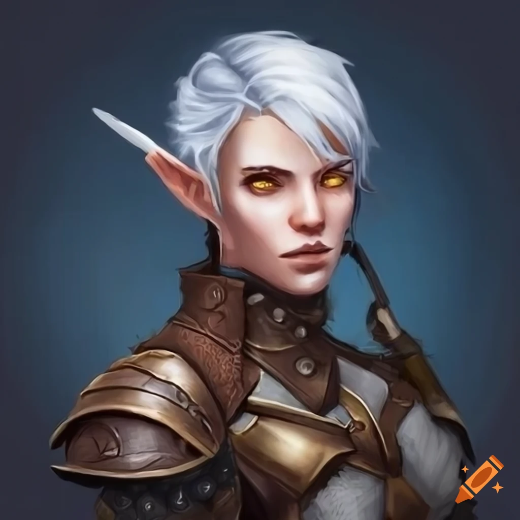 Yellow eyes half elf hunter with short white wispy hair in leather ...
