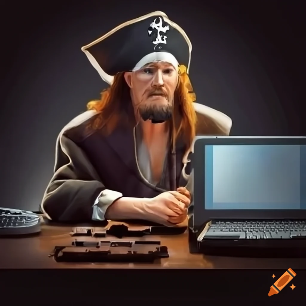 Pirate working in front of computer
