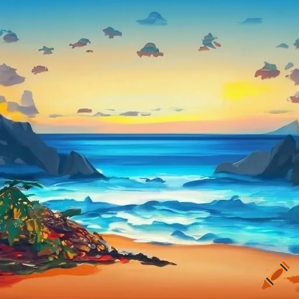 A joyful artwork depicting a scenic beach and mountain landscape on Craiyon