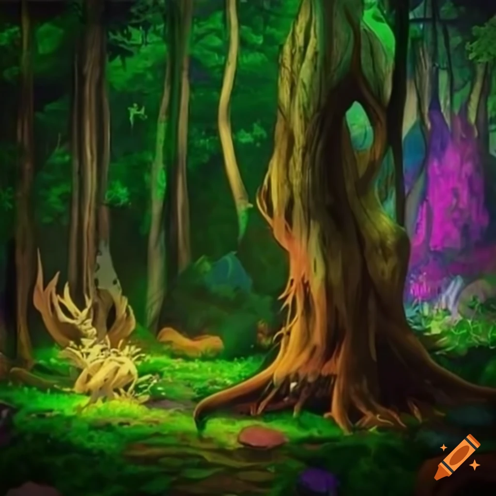 Magical forest filled with vibrant creatures on Craiyon