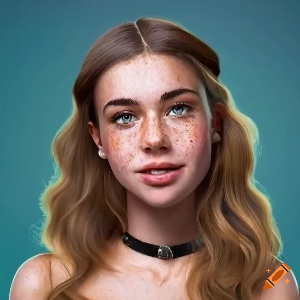 Pretty young woman delicate freckles shy smile wavy brown hair ponytail ...