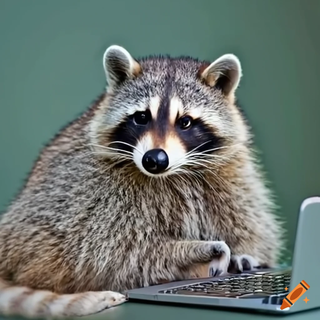 Raccoon working tirelessly on a laptop with its pet cat