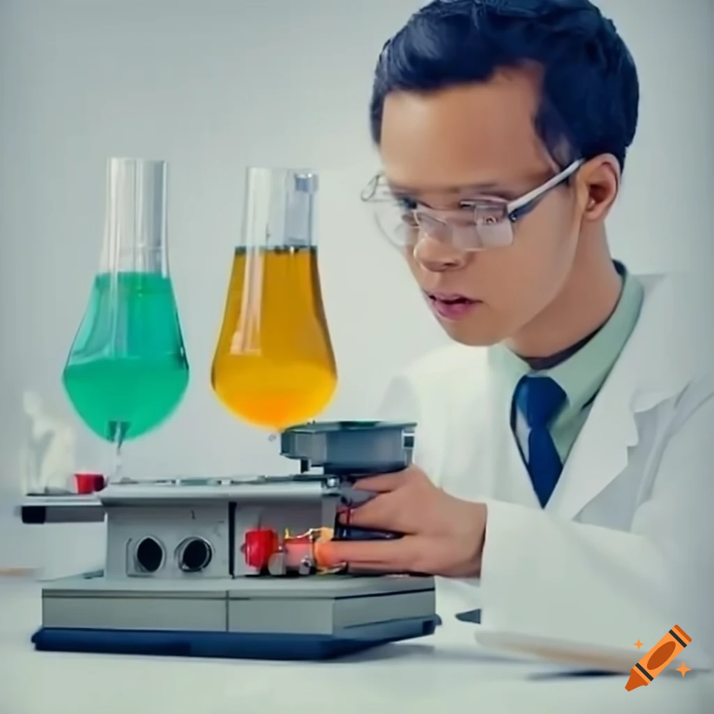 A young nutty professor in laboratory building a money making machine