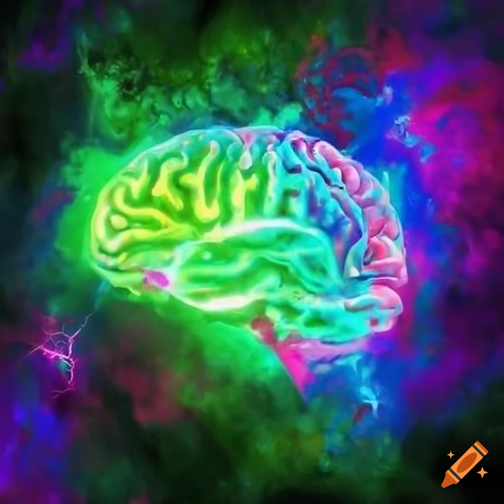 Galaxy brain with blue green and pink lightning on Craiyon