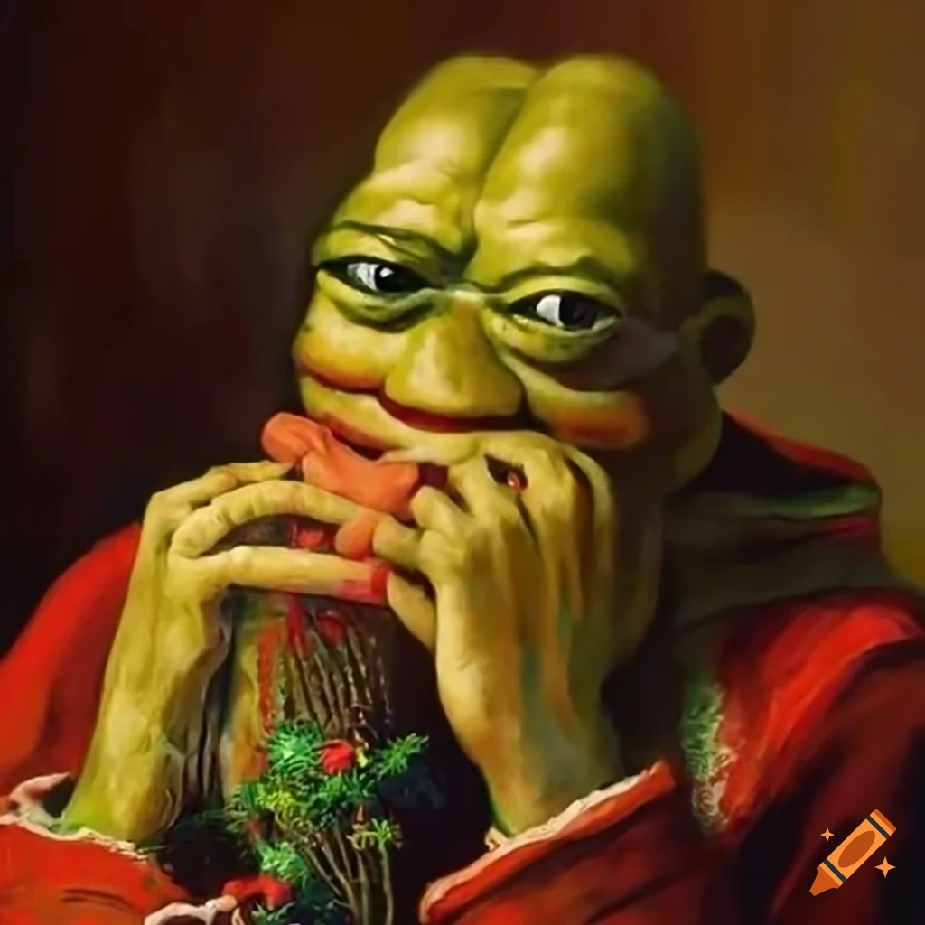 Pepe the frog in a norman rockwell illustration of christmas morning