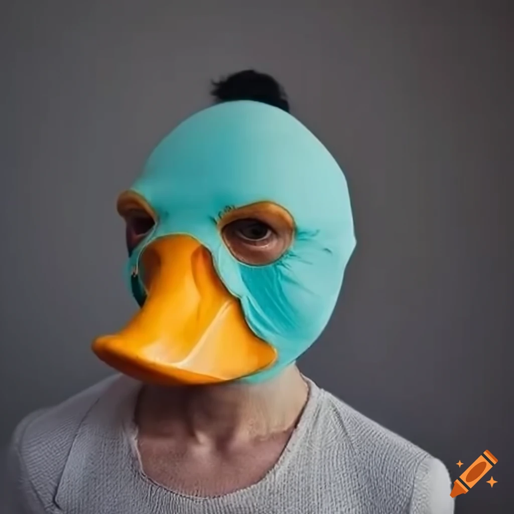 A man wearing a duck cyan mask, expressing anger