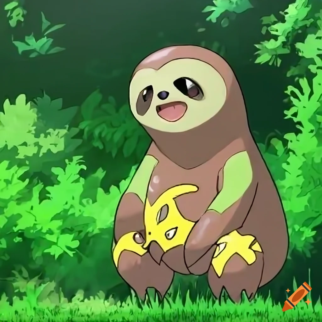 Grass type Pokémon, sloth, moss, vibrant colors, anime, Pokémon style ...