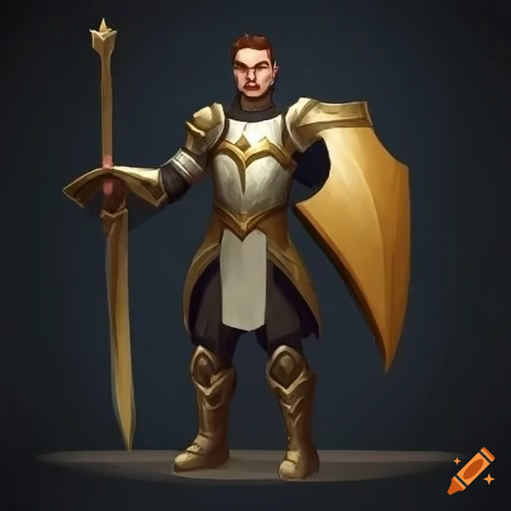 Protrait of a young male human paladin holding a large shield with two ...
