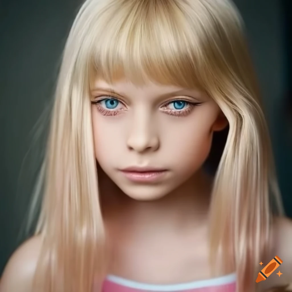 Beautiful Blonde Bangs Tween Girl Portrait Real Life Super Detailed
