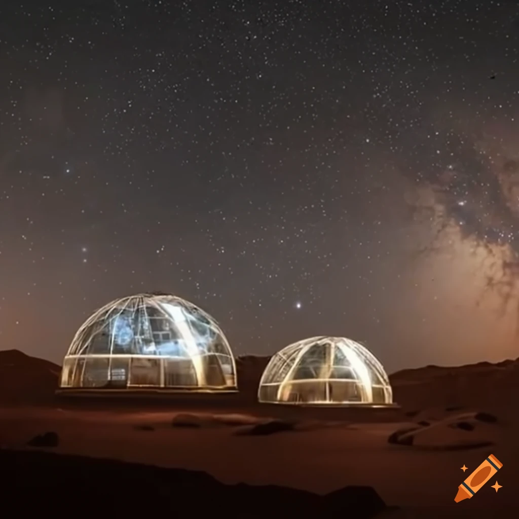Imagine a self-sustaining eco-village on Mars, with transparent domes ...