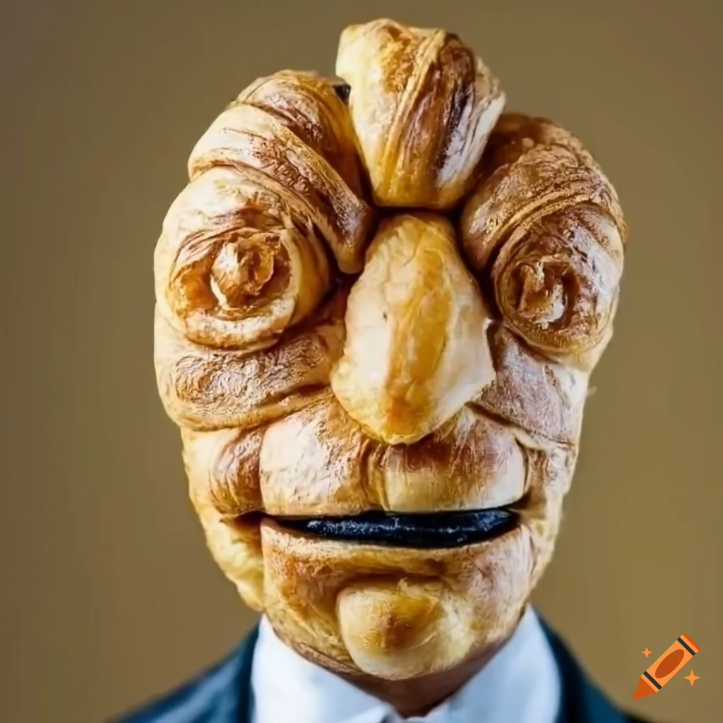 Man with a head made of croissant wearing a business suit, golden ...