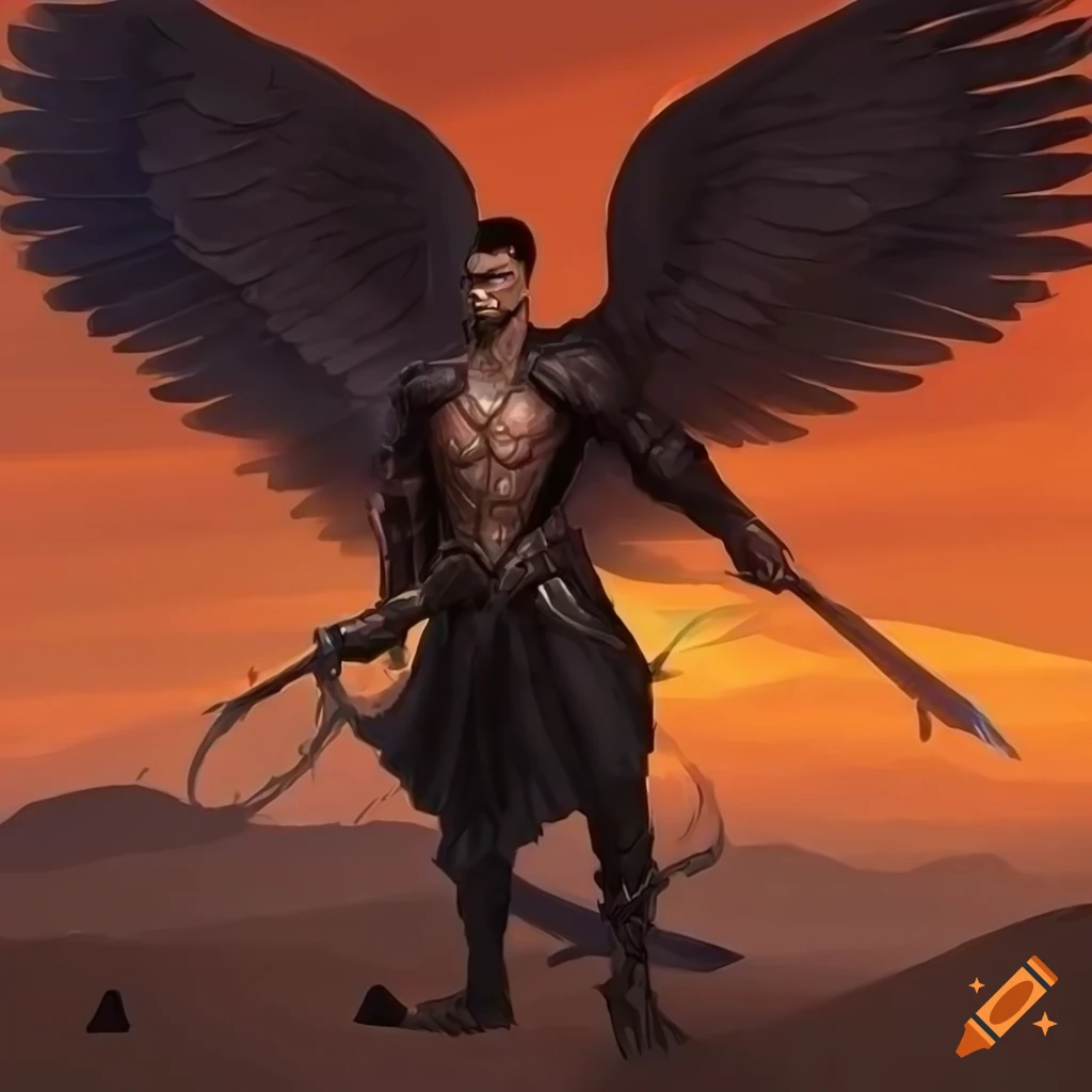 Fantasy art style, an attractive, rugged male black winged angel treks ...
