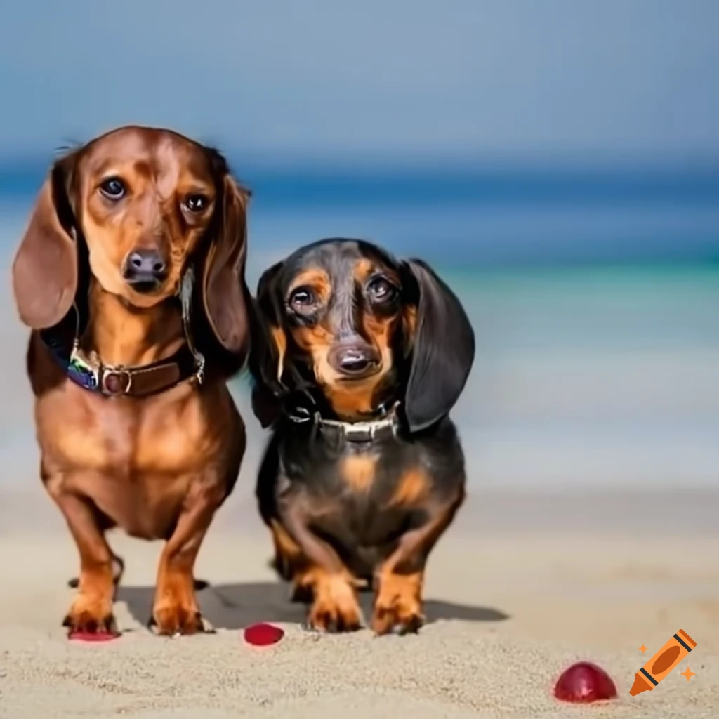 Two dachshunds drinking cocktails on the beach
