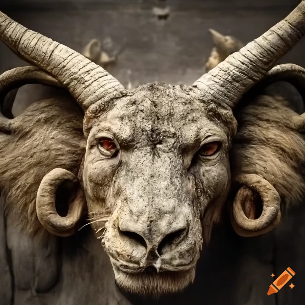 The head of a horned mythological creature with features of both goats ...