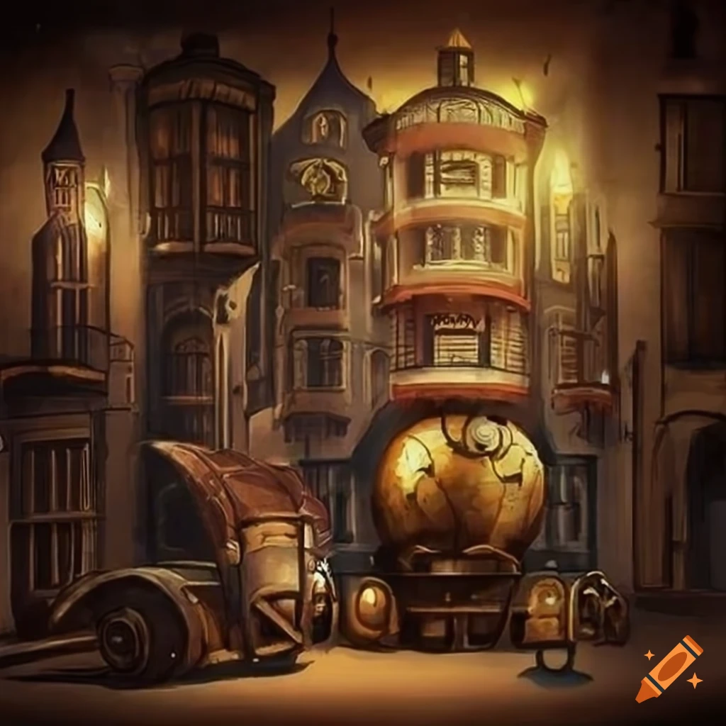 Surrealist city baroque steampunk cartoon surrealistic creasy building ...