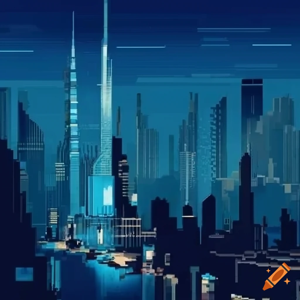 Digital pixel art showing 2d overview of a big futuristic Asian city ...