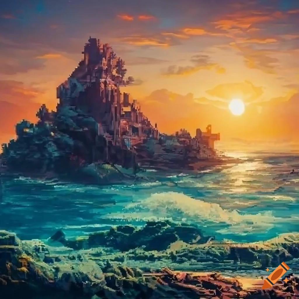 Half under sea, half sunset, epic pixel art, by greg rutkowski on Craiyon