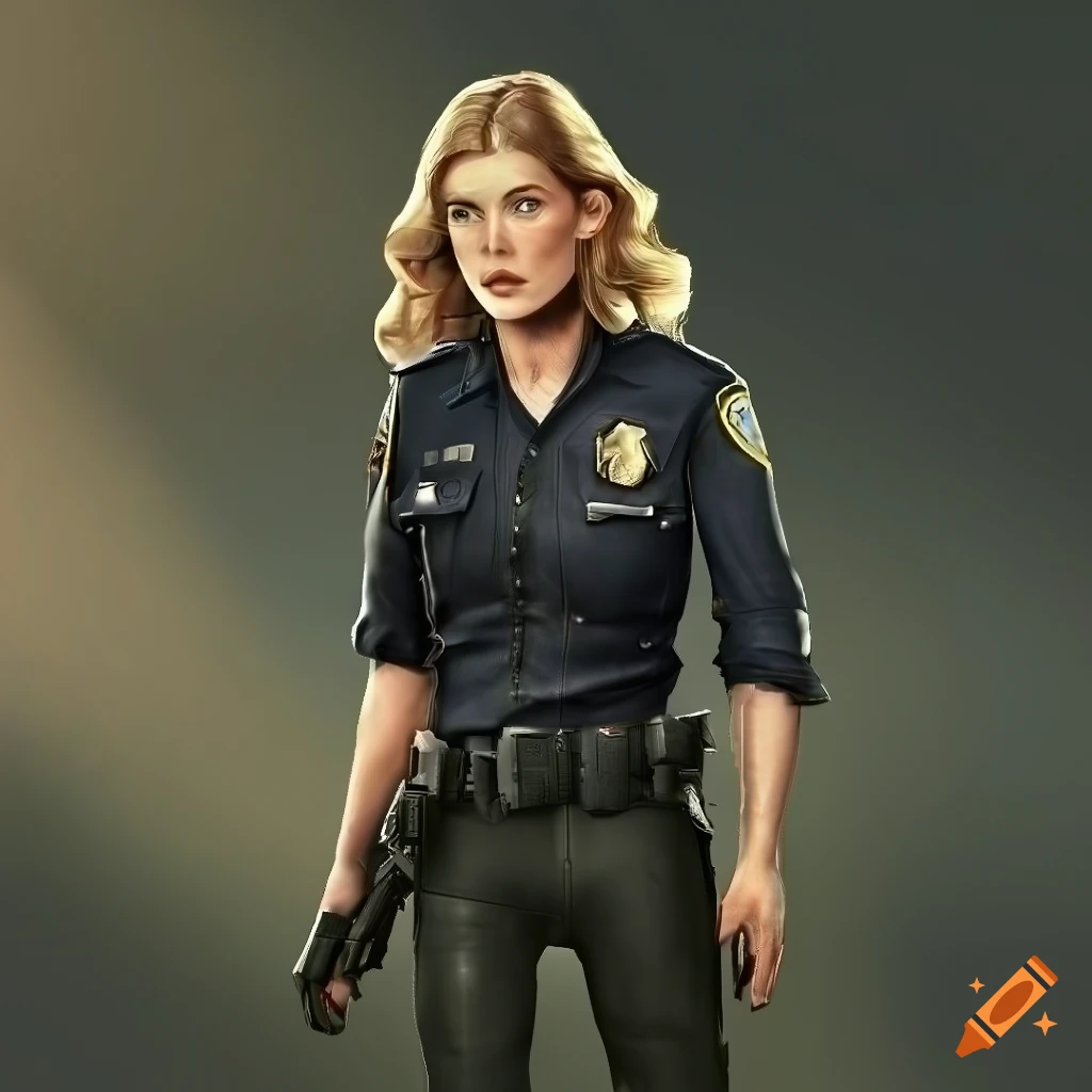 Photorealistic, rosamund pike as lapd policeofficer, slim,, cloth ...