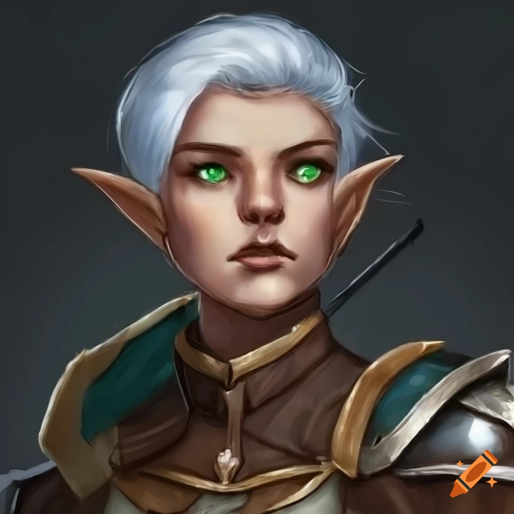 Yellow eyes half elf hunter with short white wispy hair in leather ...