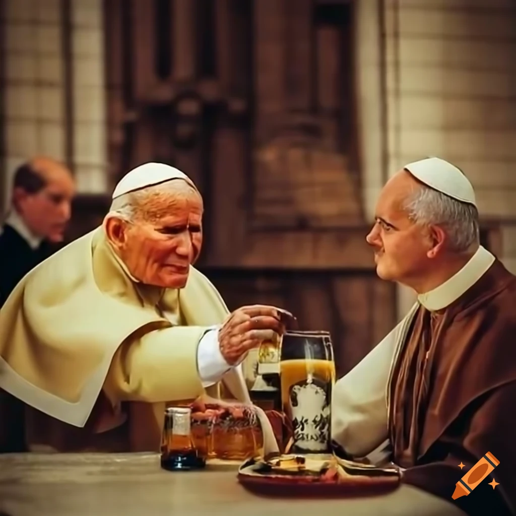 Pope John Paul II drinking beer with two mates in Krakow on Craiyon
