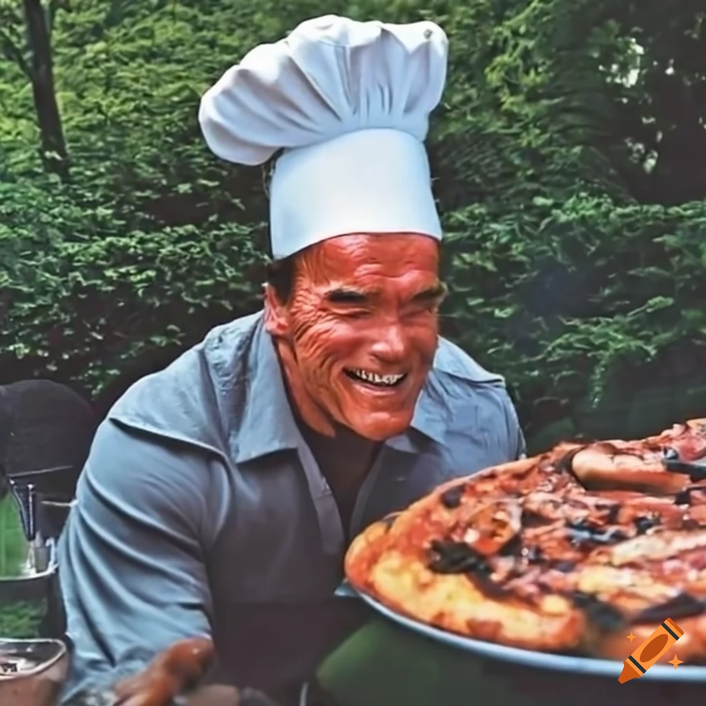 Arnold schwarzenegger at a grill, wearing chef's hat