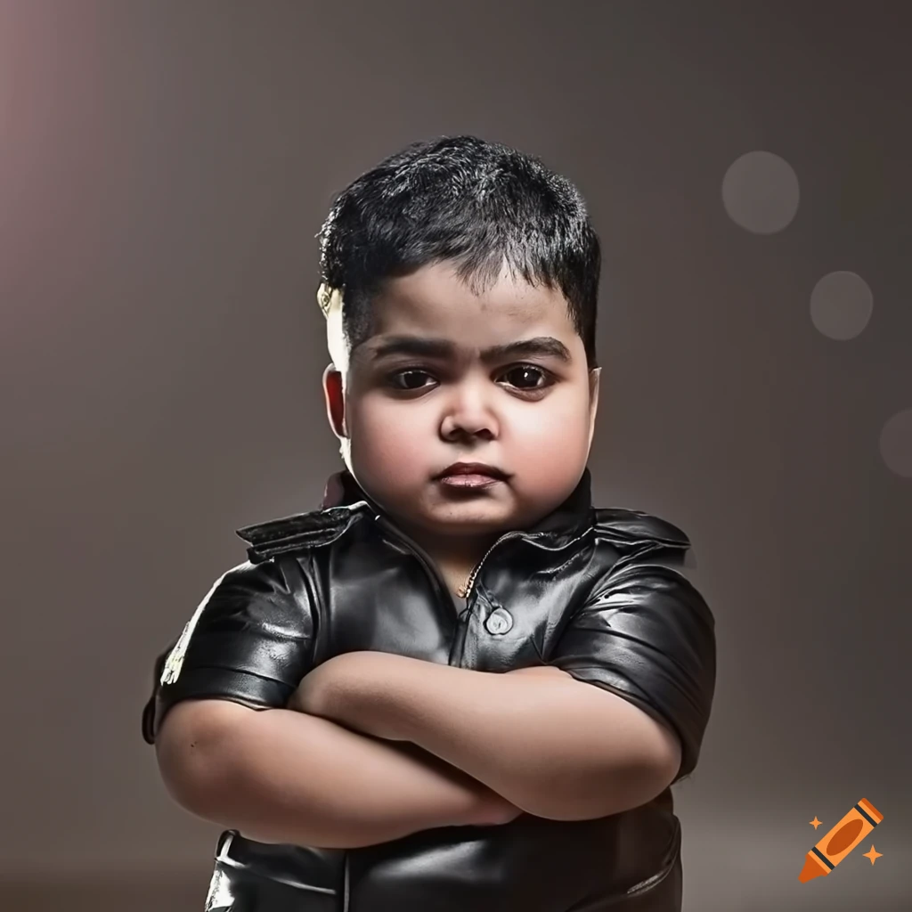 Chubby indian toddler boy wearing a thick slightly shiny black leather ...