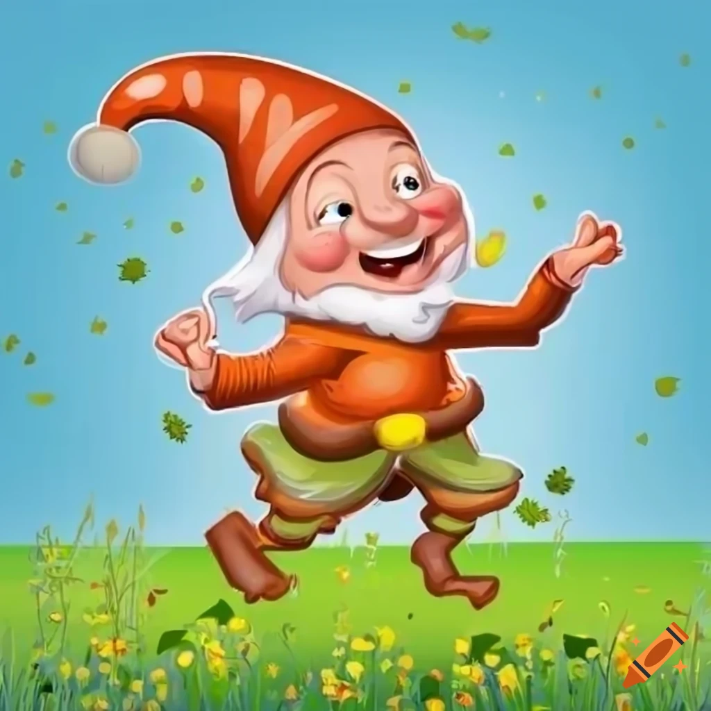 Cartoon image of a cheerful and playful dwarf with a cap dancing in the ...