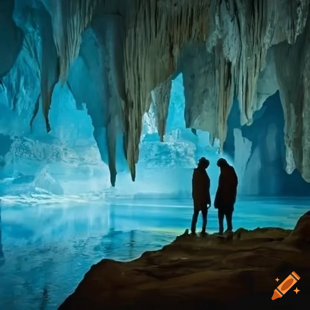Two people in an underground cave with a lake, crystalline setting on ...