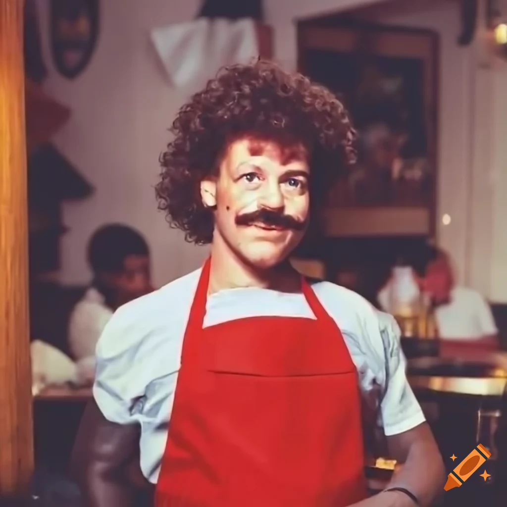 80s color commerical of chef age 40 with red apron and brown curly ...