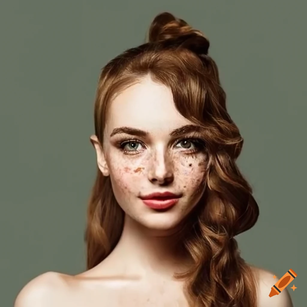 Beautiful young woman delicate freckles shy smile wavy chestnut hair ...