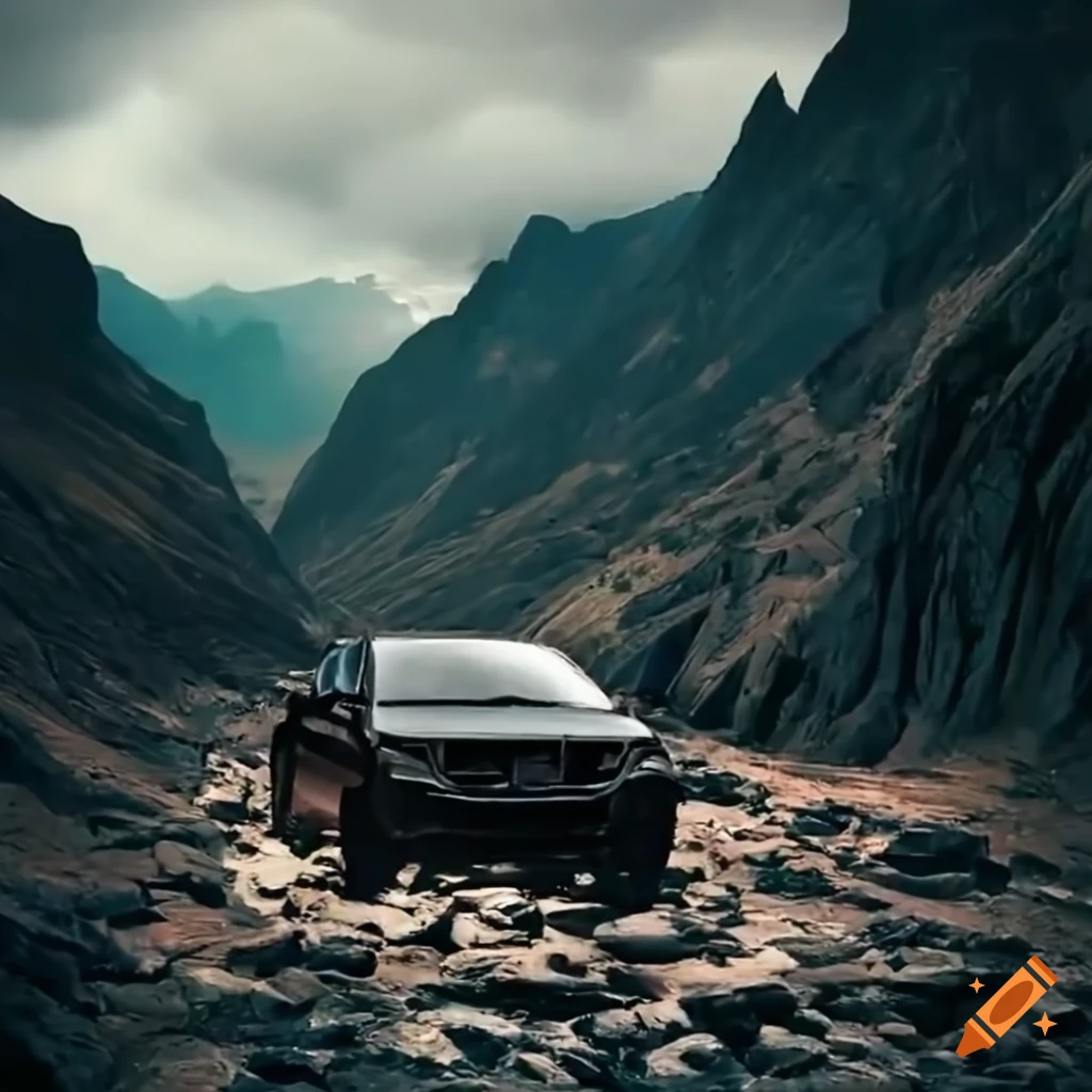 A car bouncing on a very rough and rocky mountainous road