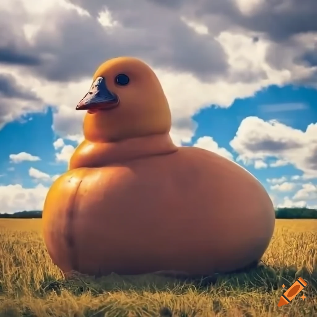 An obese duck on a giant pile of beer kegs in an open field with the ...