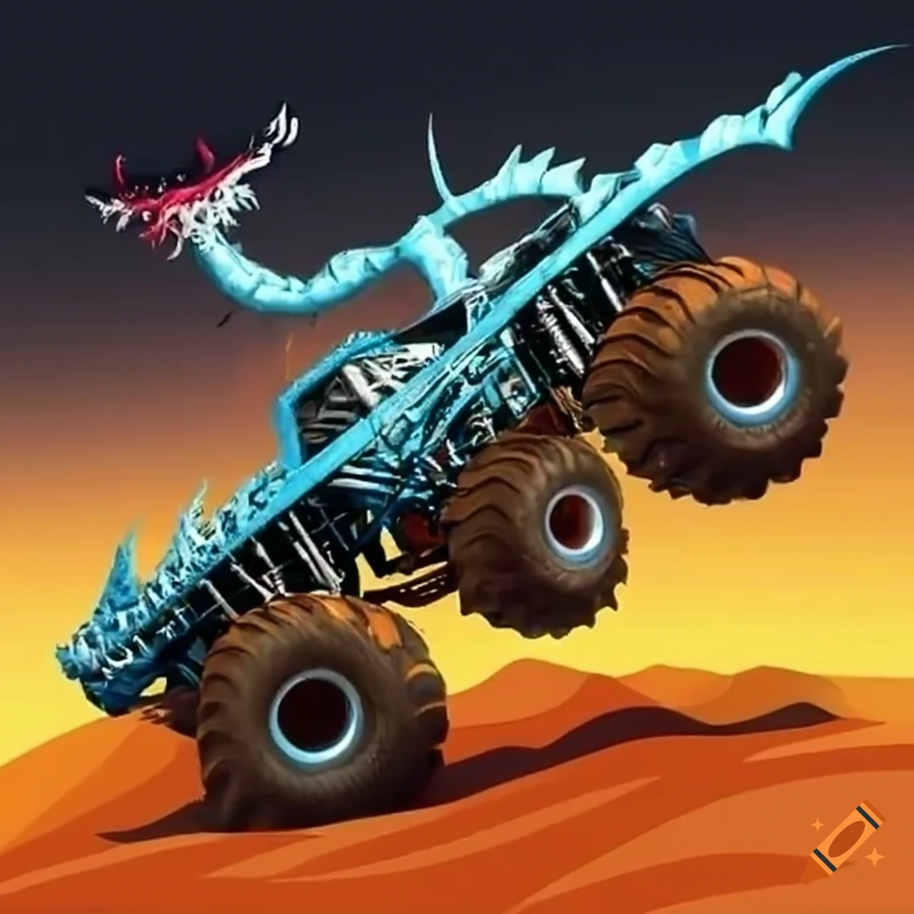 Monster truck fighting a dragon in the desert on Craiyon