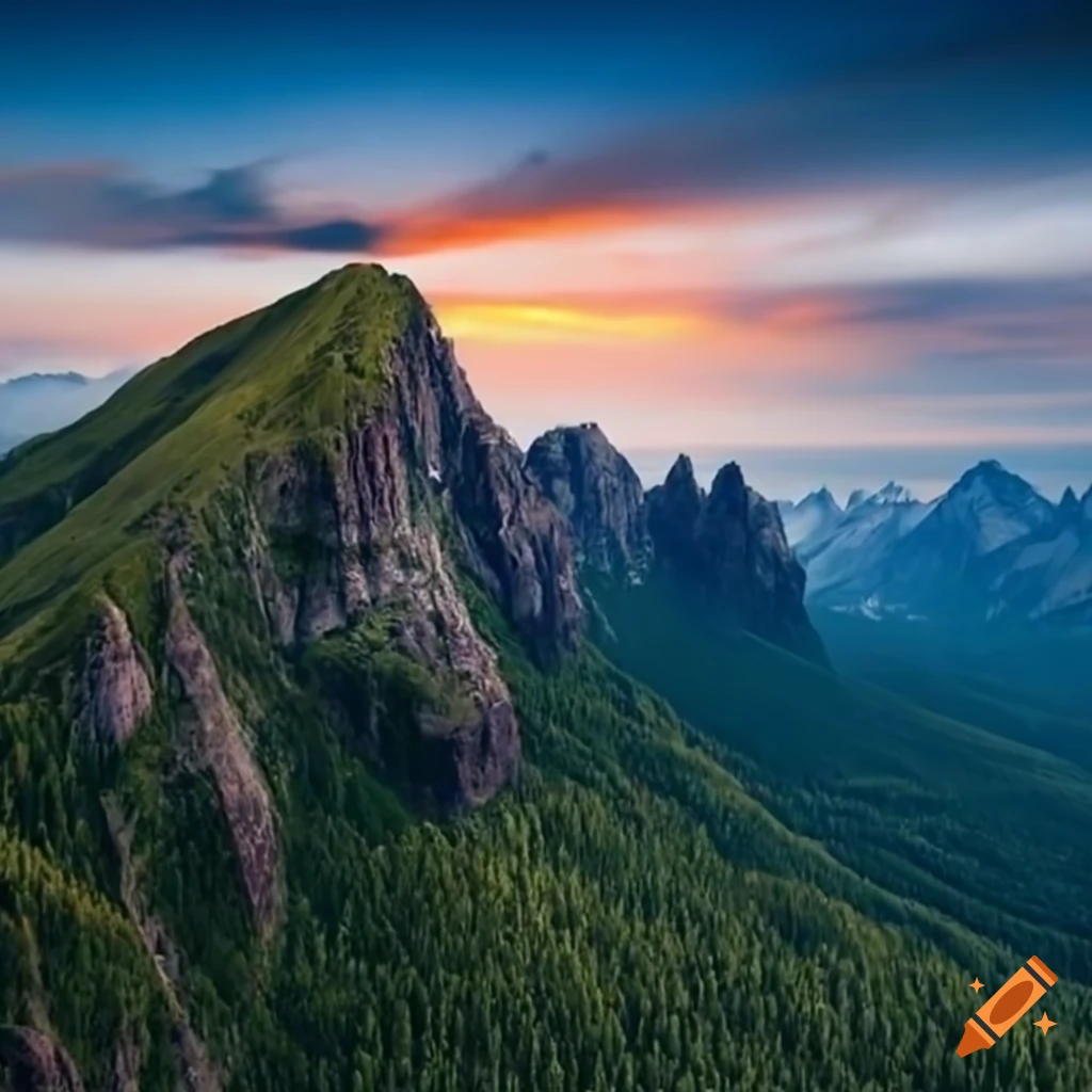 A realistic wide view photo of a mountain