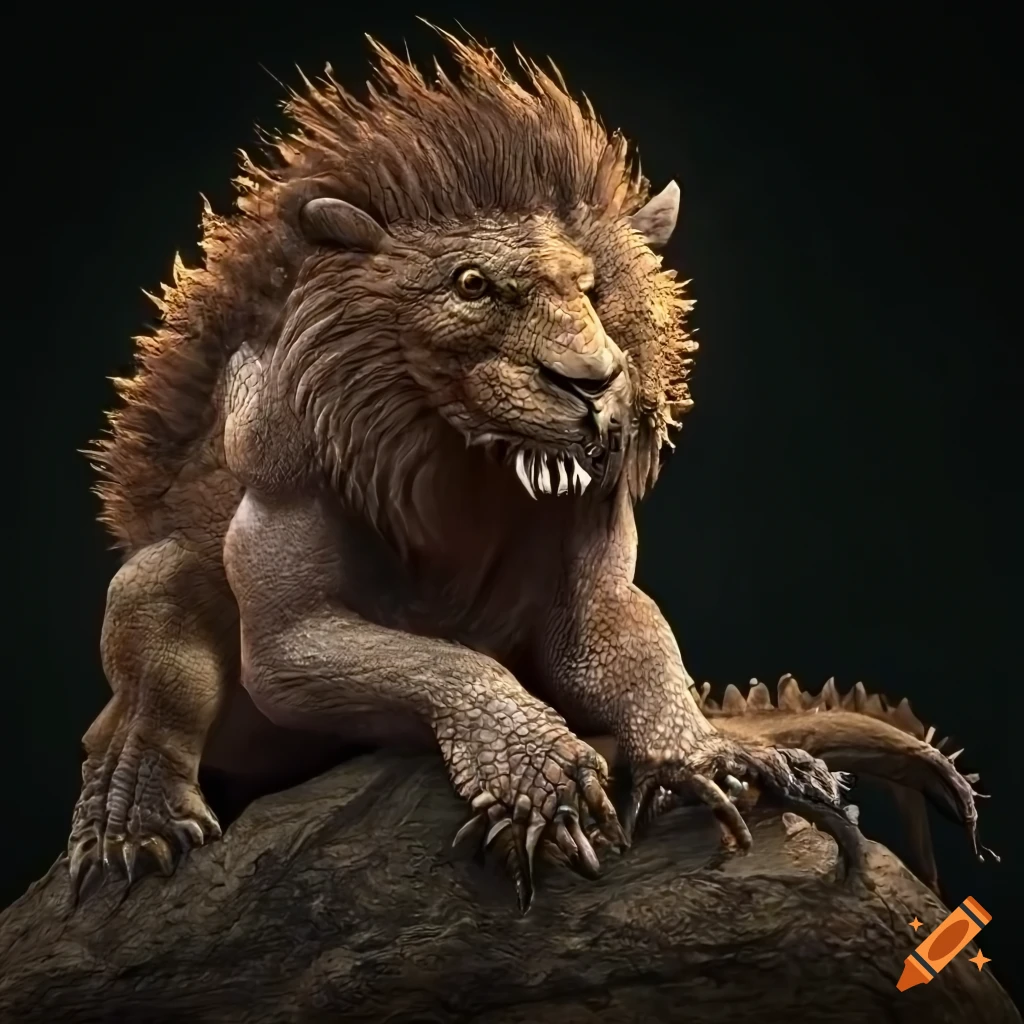 A reptilian horned chimera with a mixture of goat and lion features and ...