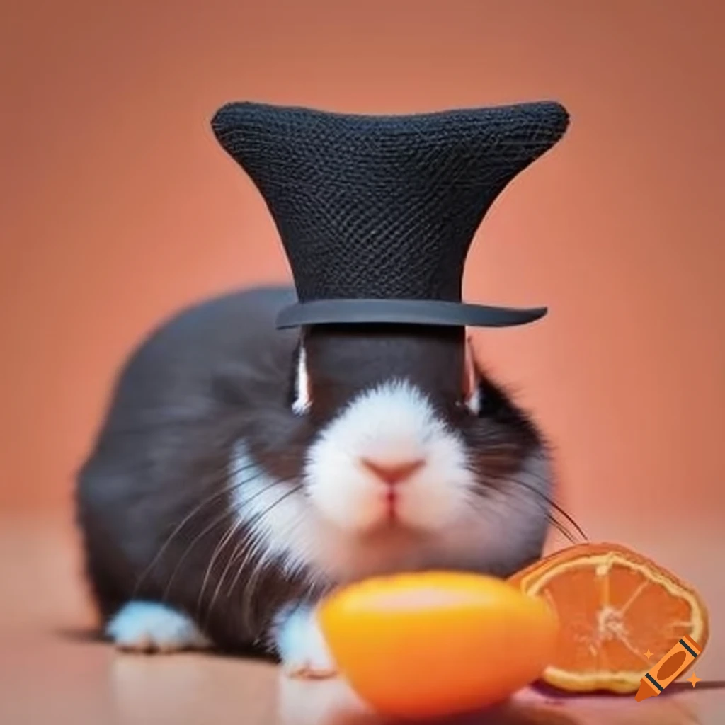 Black rabbit in hat next to orange