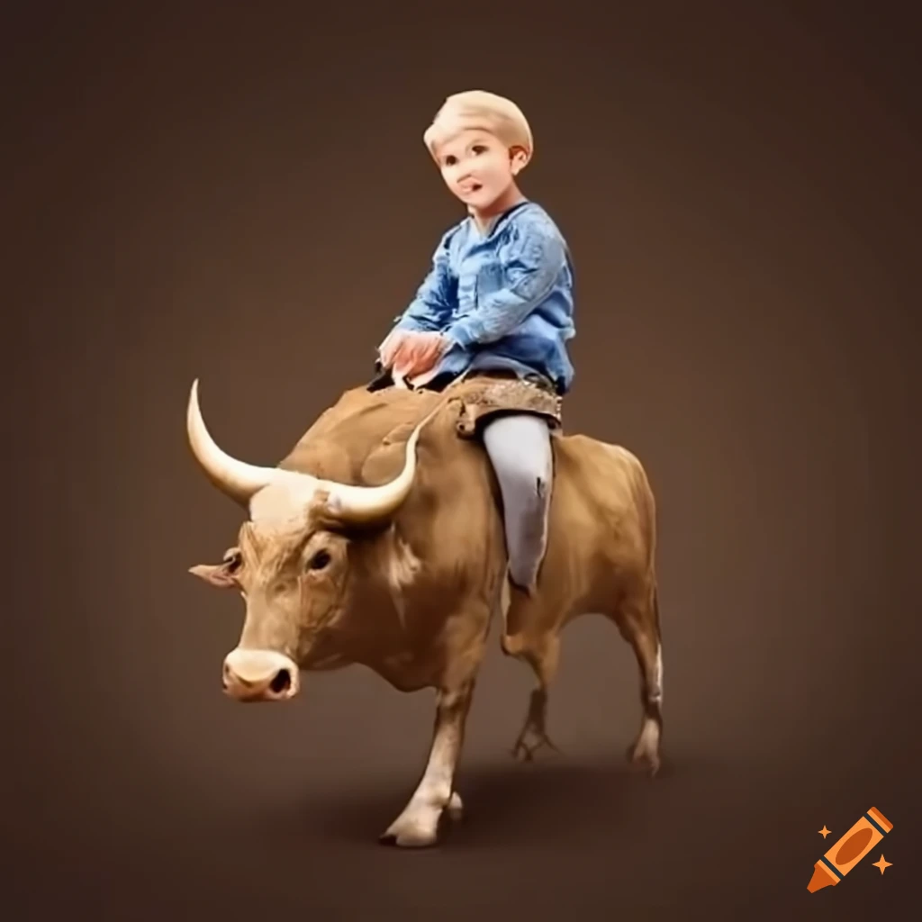 A blonde boy riding a big bull