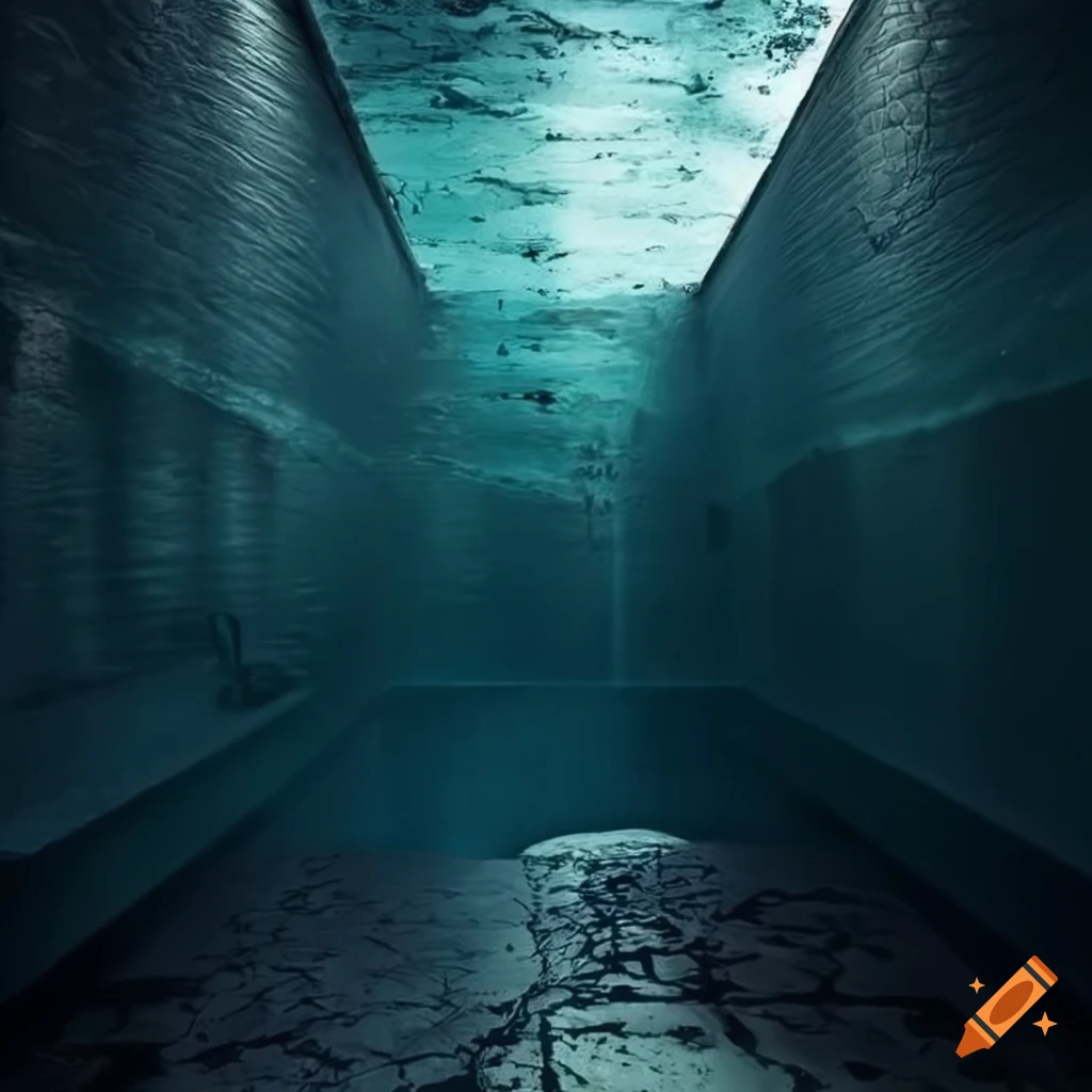 Spooky Scary terror Pool Room clear clean water white and silver walls ...