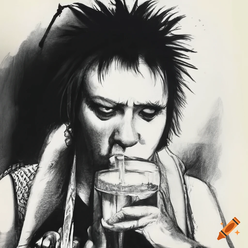 Album cover, Black and white pencil drawing, retro 1970s or 1980s punk ...
