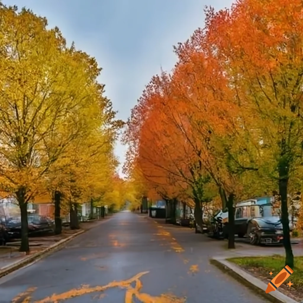 Many houses with autumn green and orange trees on a sidewalk